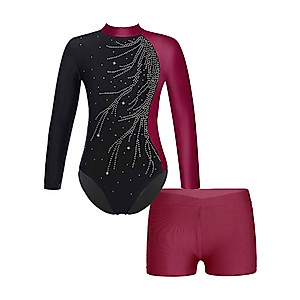 FEESHOW Girls 2Pcs Glitter Long Sleeve Leotards with Shorts Outfits Athletic Unitards Gymnastics Dancewear Clothes Red_A 14 Years