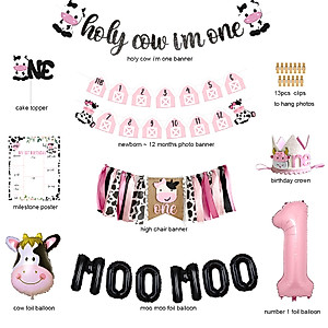 Cow First Birthday Party Decorations, Farm First Birthday Party Supplies, Holy Cow I'M One Birthday Decorations, 1st Birthday Girl Decoration, First Birthday Decoration for Girl, Farmhouse Animal Cow