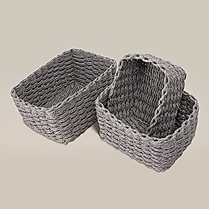 Recycled Wicker Storage Basket, Paper Rope Storage Baskets for Organizing Container Bins for Shelves Cupboards Drawer, Small Woven Basket Set of 3