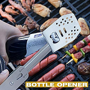 Roxon 4 in 1 Mini BBQ Barbecue Combo Tool Set with Spatula, Fork, Tongs and Bottle Opener for Hiking Camping (Grey)