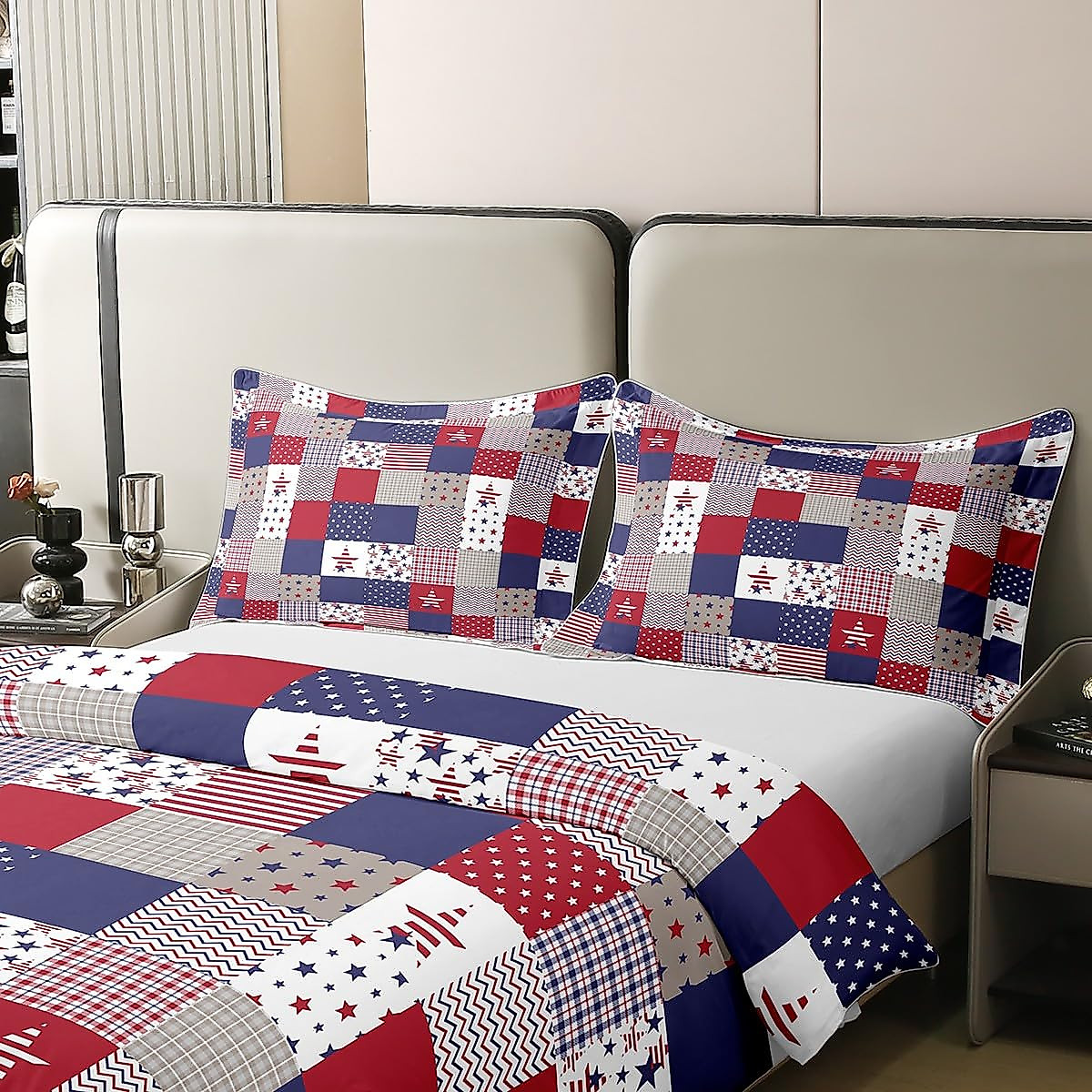 Feelyou Patriotic 4th of July Bedding Set King Size Americana Stars Plaid Duvet Cover 100% Cotton for Adults Women Men Independence Day Comforter Cover Set Red Blue Bedspread Cover 3Pcs,No Comforter