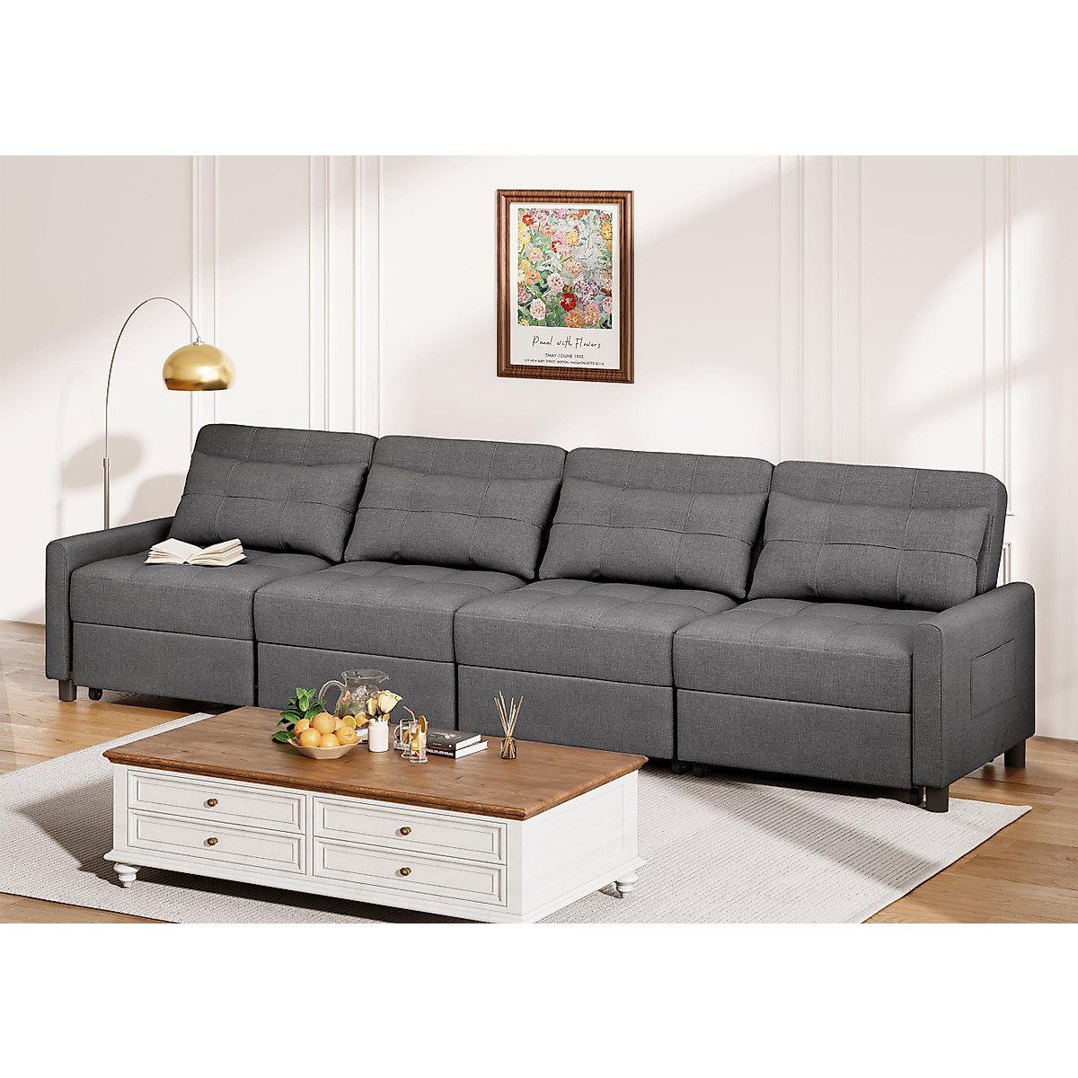 Aiho Pull Out Couch - 4-Seater Sectional Sleeper Sofa, Convertible with Adjustable Backrest & Spring Support for Living Room, Dark Grey