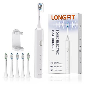 LONG FIT Electric Toothbrush for Adult Ultrasonic, Basic 90 Days Standby 37000VPM Clean Massage Sensitive Modes with 5 Replacement Toothbrush Heads