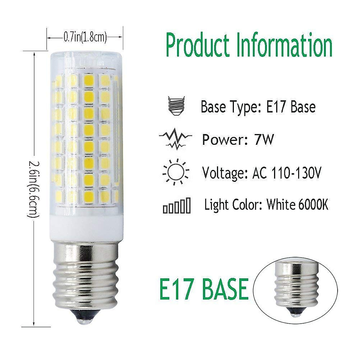 LTYY E17 LED Bulb,Dimmable 8W,80W Halogen Bulb Equivalent,800Lm,AC120V,E17 Bulb White 6000k,for Over Counter Microwave Ovens(Pack of 2)