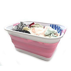 SAMMART 42L(11 gallon) Collapsible Plastic Laundry Basket-Foldable Pop Up Storage Container/Organizer-Portable Washing Tub-Space Saving Basket,Water capacity 34L(9 gallon) (1, Pink)