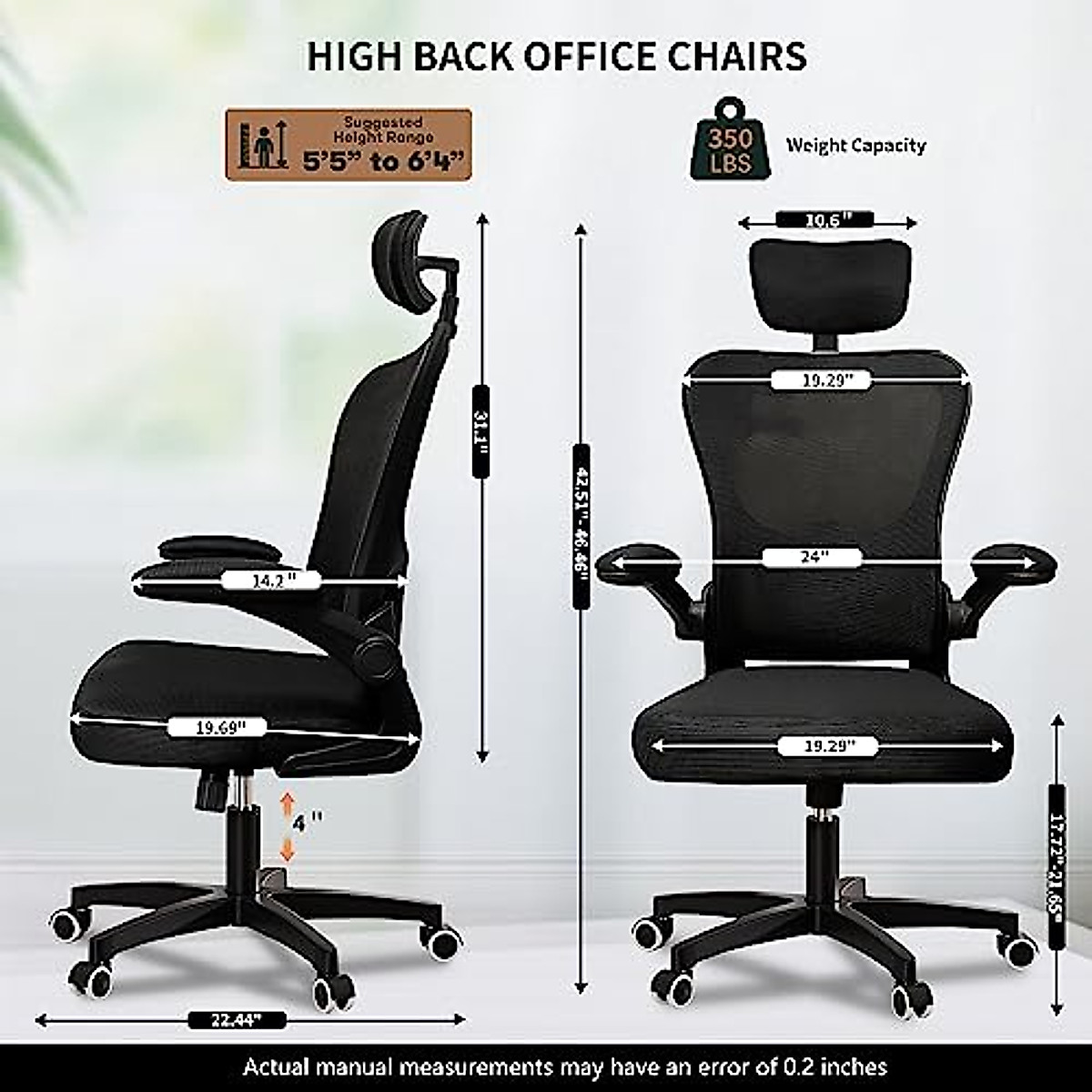 SenceHome Office Chairs, Ergonomic Office Chair, High Back Desk Chair with Adjustable Headrests, Lumbar Support and Flip-up Armrests, Breathable Mesh Computer Chair for Home Office (Black)