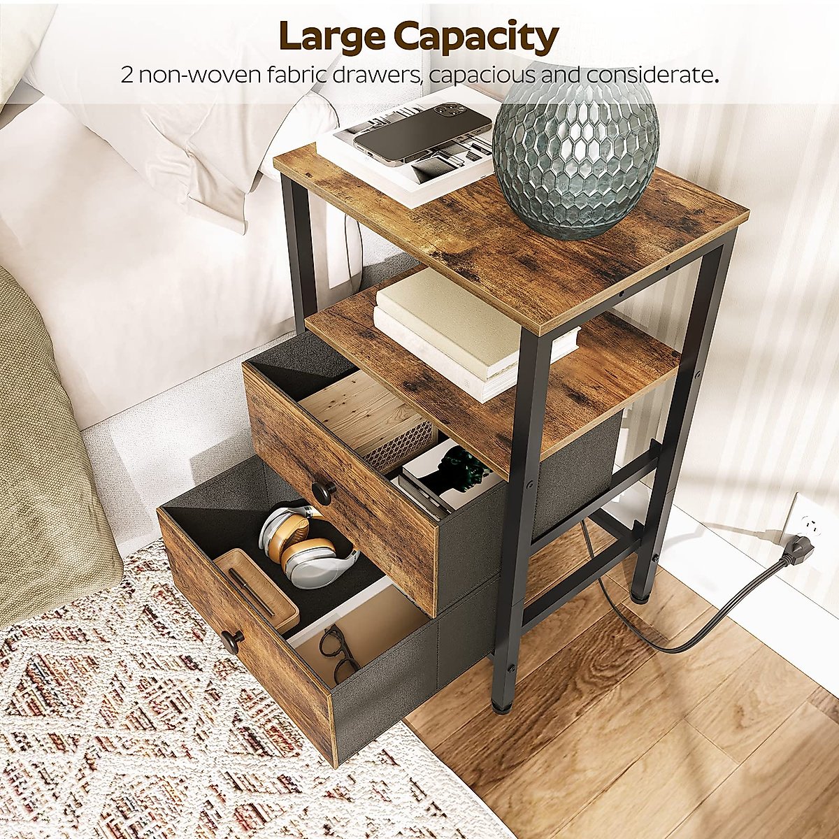 YATINEY Nightstands Set of 2, Dorm Night Stand with Charging Station, Bedside Tables with 2 Non-Woven Drawers, Side Table for Dorm Room, End Table for Small Spaces, College, Living Room ET02L2BR