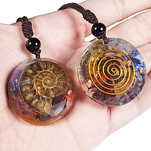 Nupuyai Ammonite Fossil Stone Pendant Necklace for Women Men, Snail Chakra Crystal Jewelry Adjustable Braided Cord 18"-30"