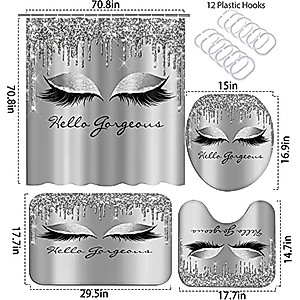 XVWJ Hello Gorgeous Eyelash Shower Curtain Set with Rugs Toilet Lid Cover and Bath Mat, Waterproof Fabric Bathroom Shower Curtains and Hooks, Stylish Silver Bathroom Decor Shower Curtains