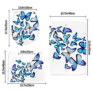 ASEELO Blue Butterfly Bathroom Rugs Sets 3 Piece with Toilet Cover, Bath Mats,U-Shaped Contour Mat,for Bathroom,Tub