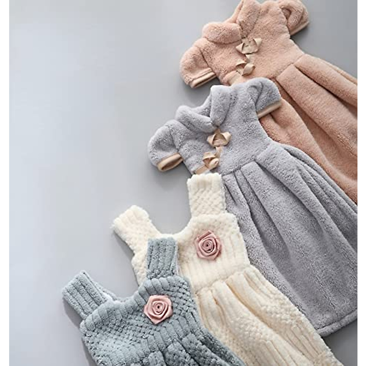 JTJMJTJ Premium Hanging Hand Towels, Coral Fleece, Soft and Absorbent Towels Funny Dress Shape Towels for Women Girls, Gifts (Pink+Grey,2pack+2hooks)