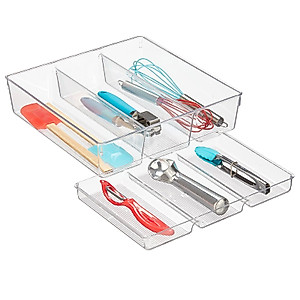 mDesign Plastic Kitchen Drawer Organizer Tray Set - Horizontal Storage Bin for Organizing Cutlery, Flatware, Silverware, Utensil, and Appliances - 12" Long - Ligne Collection - Clear