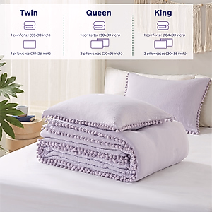 Codi Lavender Purple Boho Full/Queen Comforter Set, Aesthetic Pom Fringe Bedding for Teen Girls, Cute Soft Washed Microfiber Bed Sets, Lightweight 3pcs,1 Comforter & 2 Pillowcases (90x90 Inches)
