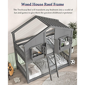 Tatub House Bunk Bed Twin Over Twin Floor Bunk Bed Wood Treehouse Bunk Bed with Ladder, Roof, Windows, Door and Storage, House Bunk Beds Frame for Kids Teens