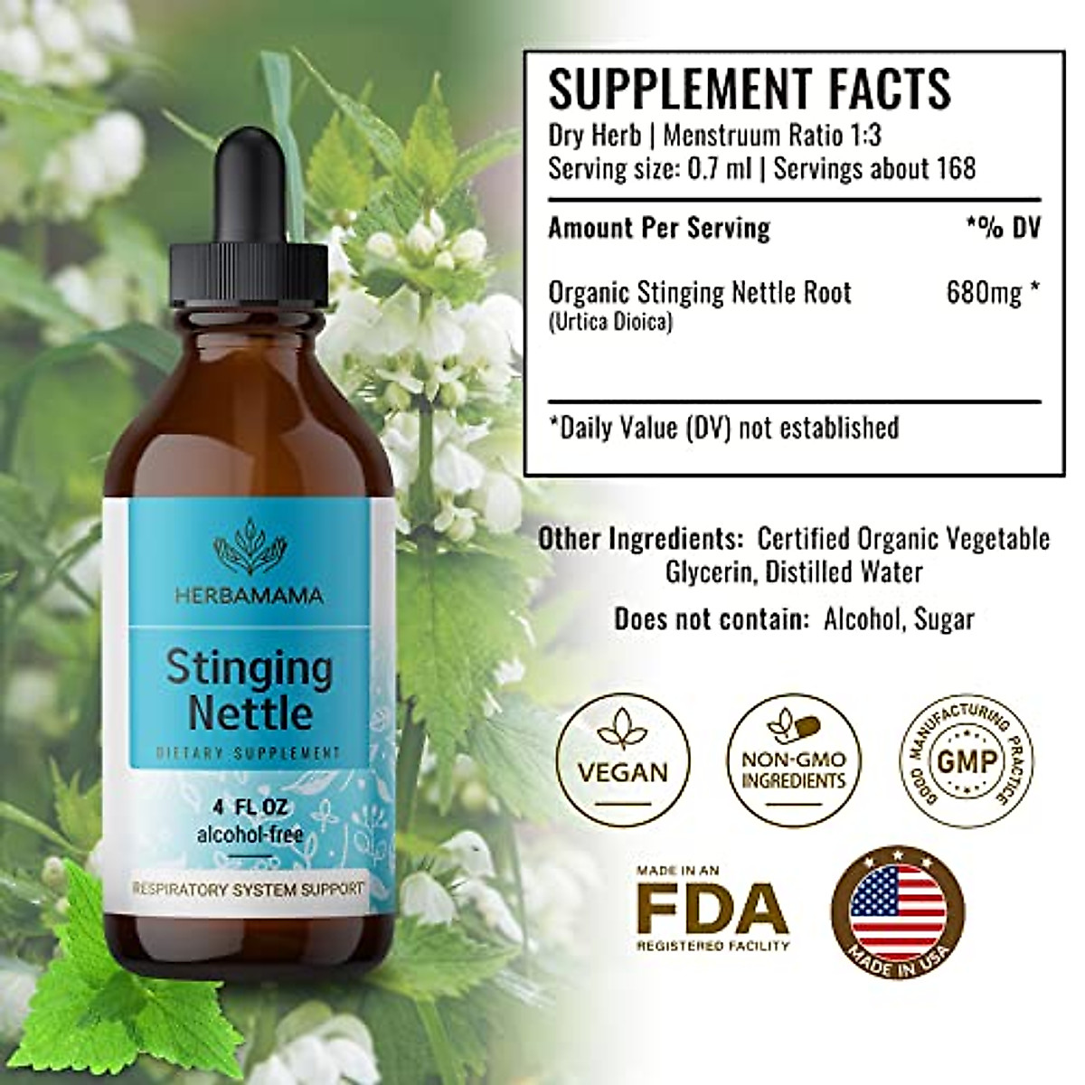 HERBAMAMA Stinging Nettle Root Tincture - Organic Stinging Nettle Root Liquid Extract - Urtica Dioica Herbal Drops Supplement - 4 fl oz