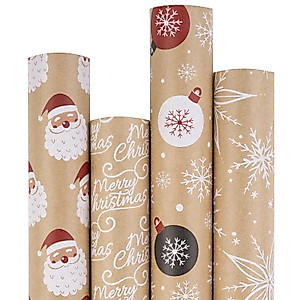 RUSPEPA Christmas Wrapping Paper, Kraft Paper - Santa Claus, Snowflake, Christmas Ball and Merry Christmas - 4 Rolls - 30 inches x 10 feet per Roll