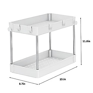 2 Pack Under Sink Organizer And Storage, 2 Tier Bathroom Cabinet Storage Rack with 12 Hooks,Multi-purpose Organizer And Storage For Kitchen Countertop Bathroom Cabinet (White)