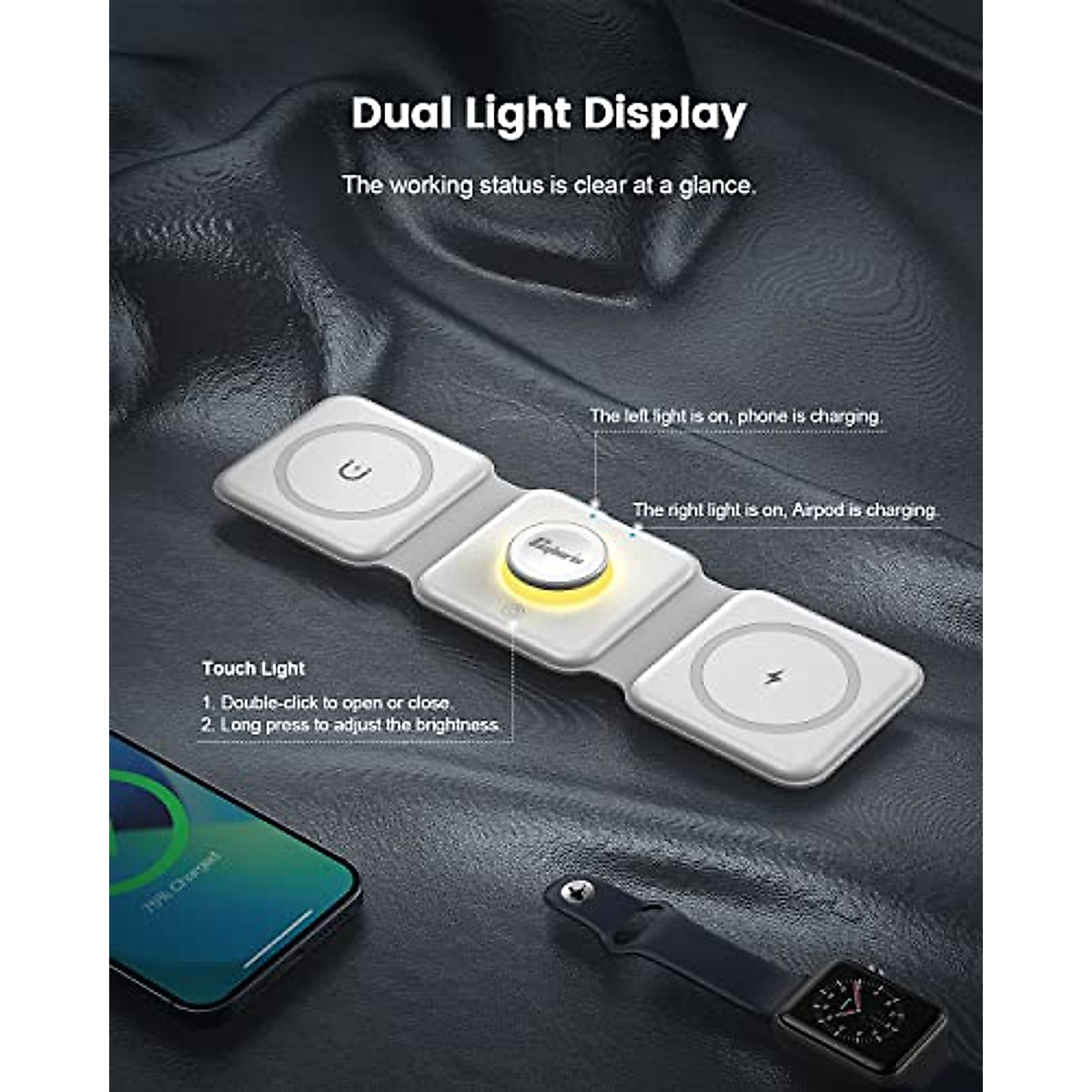 CYBORIS Wireless Charger 3 in 1, 15W Charging Station Magnetic Foldable, Wireless Charging Station for Multiple Devices Compatible with iPhone, Samsung, AirPods 3/2/Pro, iWatch (Adapter Included)