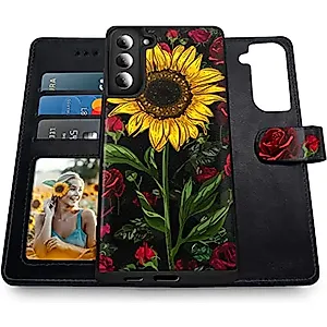Shields Up for Galaxy S23 Case, [Detachable] Magnetic Wallet Case with Card Holder & Wrist Strap for Girls/Women, [Vegan Leather] Floral Cover for Samsung Galaxy S23 5G - Rose Flower/Sunflower