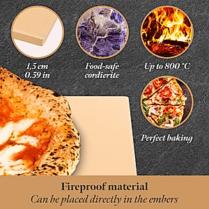 GOURMEO Pizza Stone Pan and Wooden Pizza Paddle - 15x11.8x0.6 inch - Cordiete Bread Beaking Stone w/Pizza Peel - Suitable for Oven & Grill