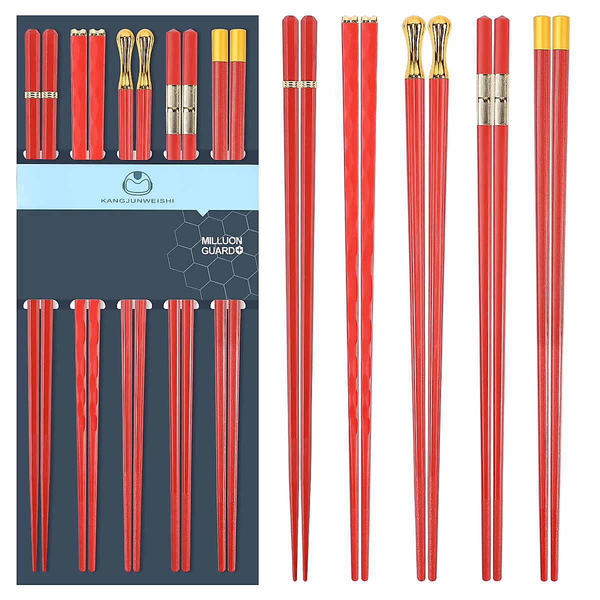 5 Pairs Chopsticks Reusable Fiberglass Dishwasher Safe, 9.57 inch/24.3cm Matte Non-Slip Family/ Hotel/ Restaurant Japanese Chinese Chop Sticks, Christmas & New Year Gift, Red&Gold