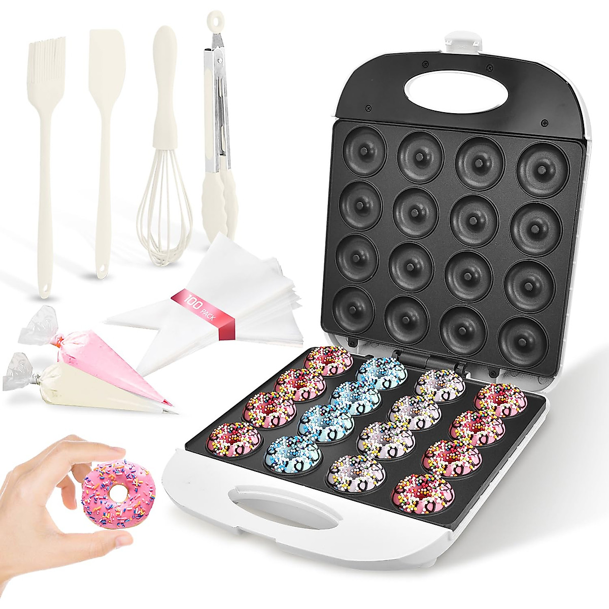 DSP All in One Mini Donut Maker - Non-Stick, Cool Touch Electric Doughnut Machine for 16 Mini Donuts - 1400W Perfect for Breakfast, Snacks & Desserts