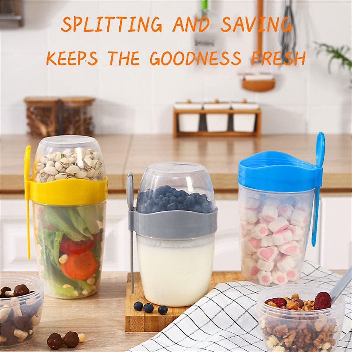 Habysedu Keep Fit Salad Meal Shaker Cup,Travel Cup with Snack Bowl, Portable Fruit and Vegetable Salad Cups Container with Fork & Salad Dressing Holder, Overnight Oats Containers with Lids(Blue)