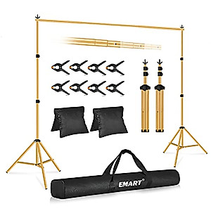 EMART Backdrop Stand 10x7ft(WxH) Photo Studio Adjustable Background Stand Support Kit with 2 Crossbars, 8 Backdrop Clamps, 2 Sandbags and Carrying Bag for Parties Events Decoration -Gold