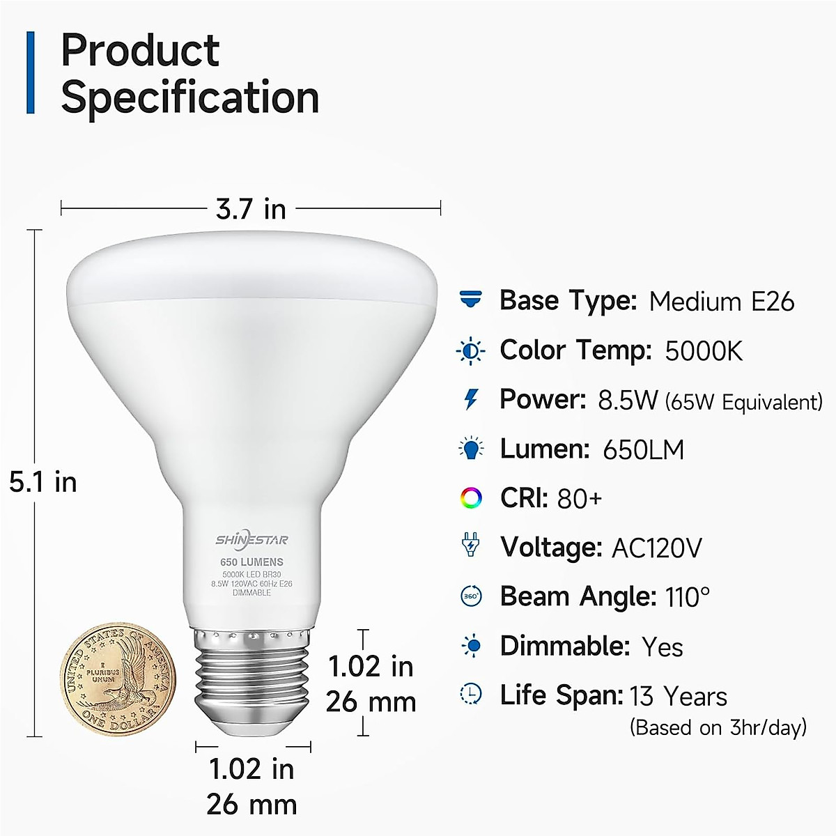 SHINESTAR 6-Pack BR30 LED Recessed Light Bulbs, 65W Equivalent, 5000K Daylight White, Dimmable Flood Lights Indoor, 650LM, E26 Base
