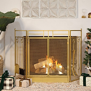 Barton 48" Fireplace Screen 3-Panel Folding Magnetic Doors with 4-Pieces Fire Place Tools Set Steel Fire Spark Guard, Gold