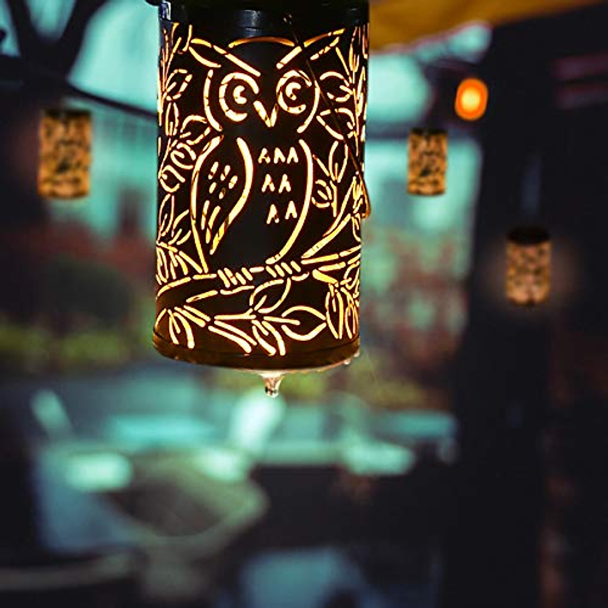 Shengming 2 Pack Hanging Solar Metal LED Lanterns Owl Design Retro Solar Lights with Handle, Outdoor Solar Garden Lights Decor for Yard Tree Fence Patio 20 Lumens Warm White