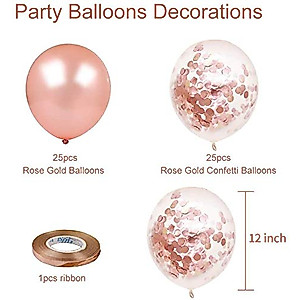 Rose Gold Confetti Latex Balloons, 50 pack 12 inch Birthday Balloons with 33 Feet Rose Gold Ribbon for Party Wedding Bridal Shower Decorations