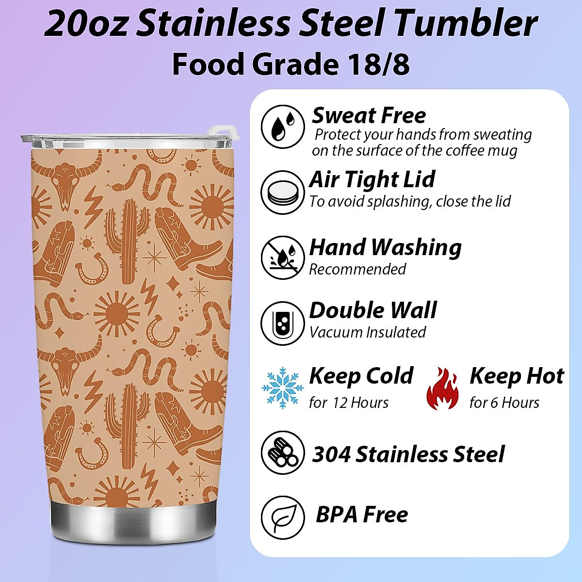 Birthday Christmas Presents Boho Western Coffee Tumbler, 20 oz Insulated Stainless Steel Travel Mug, Thermal Cup, Cow Stuff Gifts for Women Girl