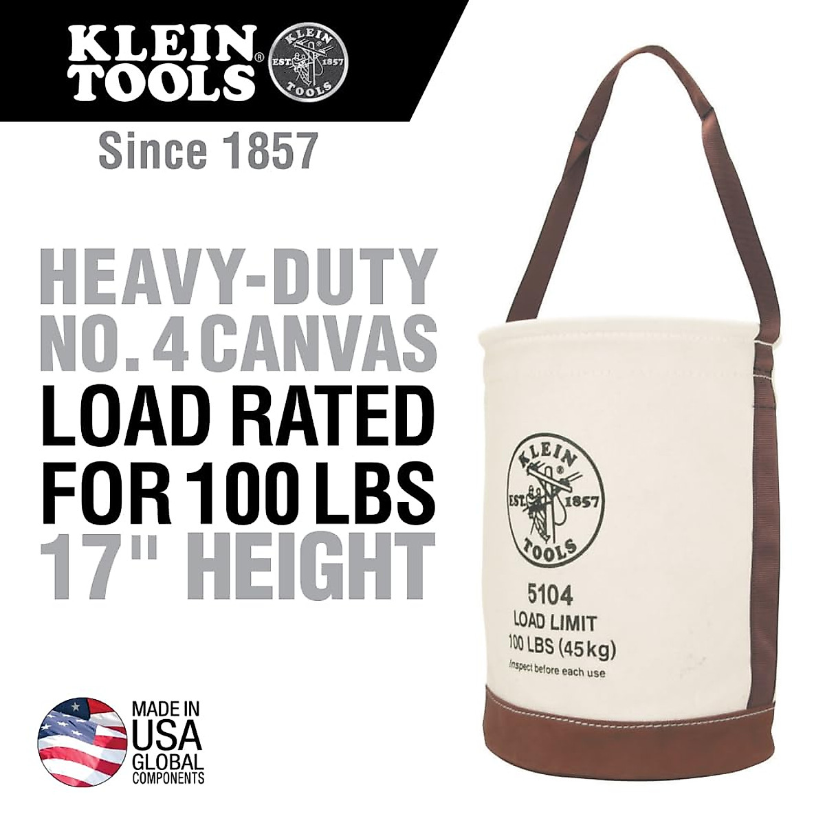 Klein Tools 5104 Canvas Bucket with Leather Bottom, 12-Inch Diameter, 1 Pocket, 100-Pound Load Rated Utility Bucket, Natural