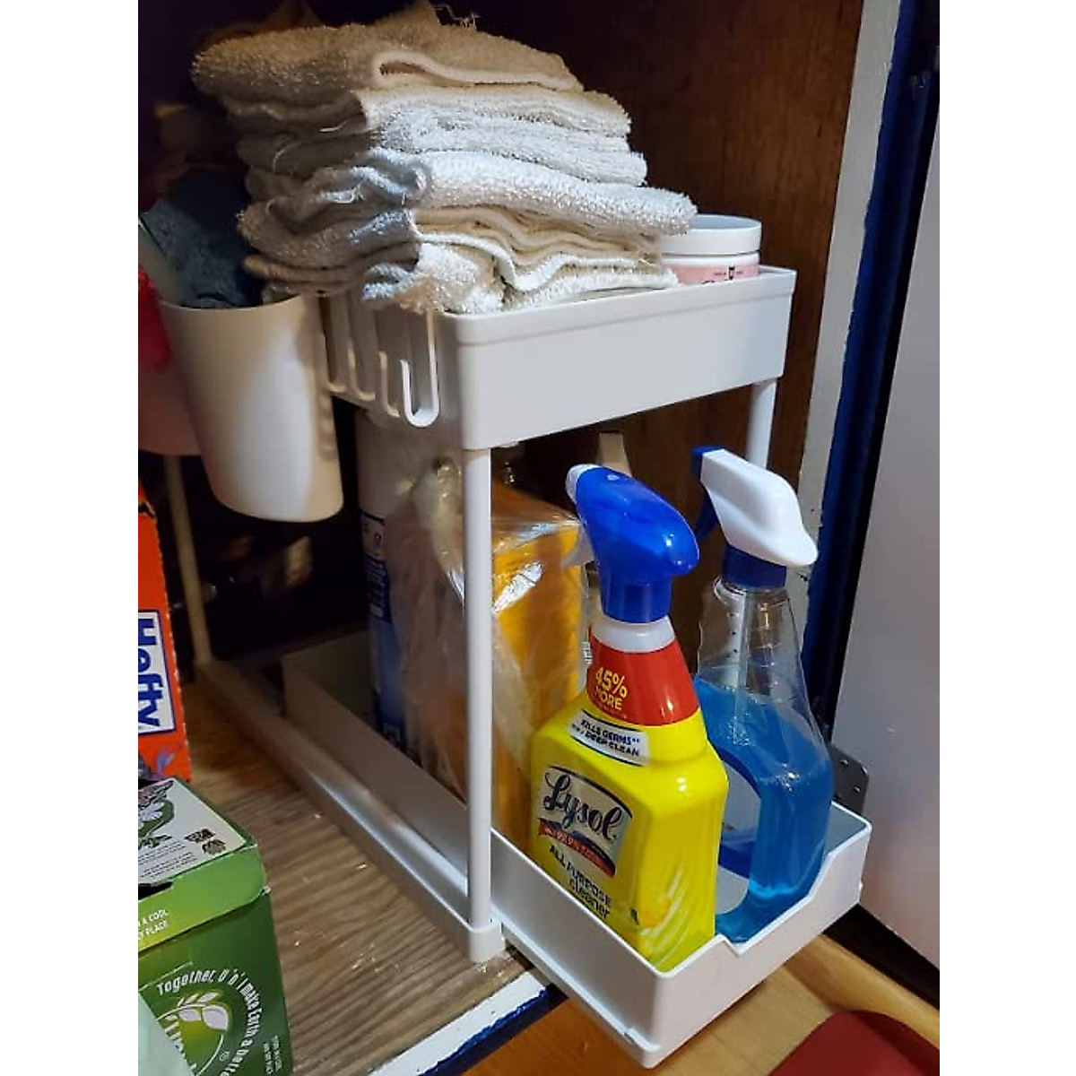 Under Sink Storage - Bnimtm 2 Pack White Under Sink Storage Kitchen Organiser - Sliding Drawer Pull Out Under Sink Organiser with Hooks Cup for Kitchen Bathroom