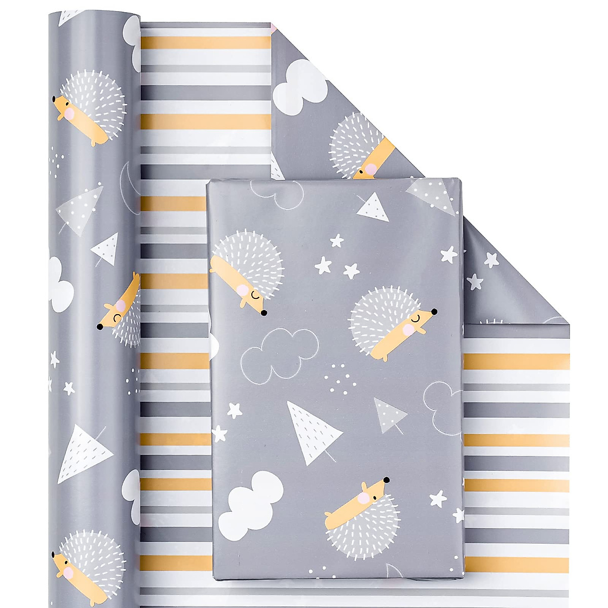 WRAPAHOLIC Reversible Baby Shower Wrapping Paper - Mini Roll - 17 Inch X 33 Feet - Cute Hedgehogs and Stripes Design for Birthday, Holiday, Party