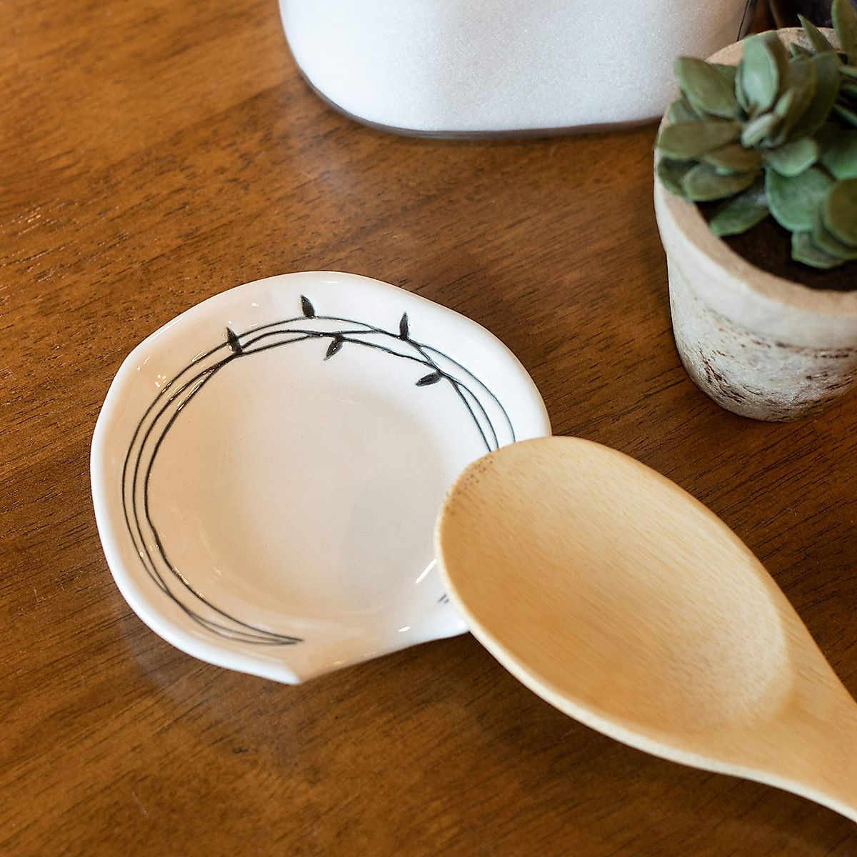 Debossed Leaf Glossy Black and White 4 x 4 Ceramic Stoneware Spoon Rest