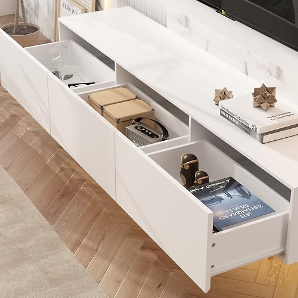 AIEGLE Floating TV Stand Wall Mounted, Non-Glossy Entertainment Center with 3 Drawers & 16-Color LED Lights, Modern TV Cabinet Console Shelf, White 63" W