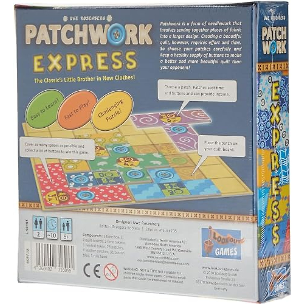 Patchwork Express Board Game - Fast-Paced Two-Player Quilting Strategy Game! Interactive Puzzle Game for Kids & Adults, Ages 6+, 2 Players, 20 Minute Playtime, Made by Lookout Games