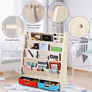 HONEY JOY Kids Book Rack with 2 Storage Bins, Wooden Toddler Bookshelf with 4 Sling Shelves, Book Display Stand Toy Storage Organizer for Kids Bedroom & Playroom (Beige)