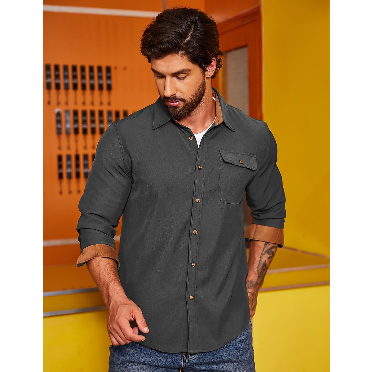 COOFANDY Men's Shirt Jacket Lightweight Flannel Plaid Shirt Long Sleeve Button Shirts Dark Grey