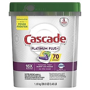 Cascade Platinum Dishwasher Pods, ActionPacs Dishwasher Detergent with Dishwasher Cleaner Action, Lemon Platinum Plus, 70 Count
