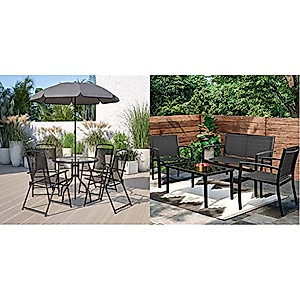 Flash Furniture Nantucket 6 Piece Patio Garden Table Set - Umbrella Table - Set of 4 Black Folding Chairs & Greesum 4 Pieces Patio Furniture Set, Outdoor Conversation Sets for Patio, Lawn Black