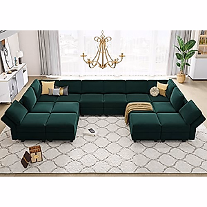 Belffin Oversized Modular sectional Sofa with Double Chaises U Shaped Sectional Sleeper Sofa Couch Reversible Sectional Sofa with Storage Velvet Green