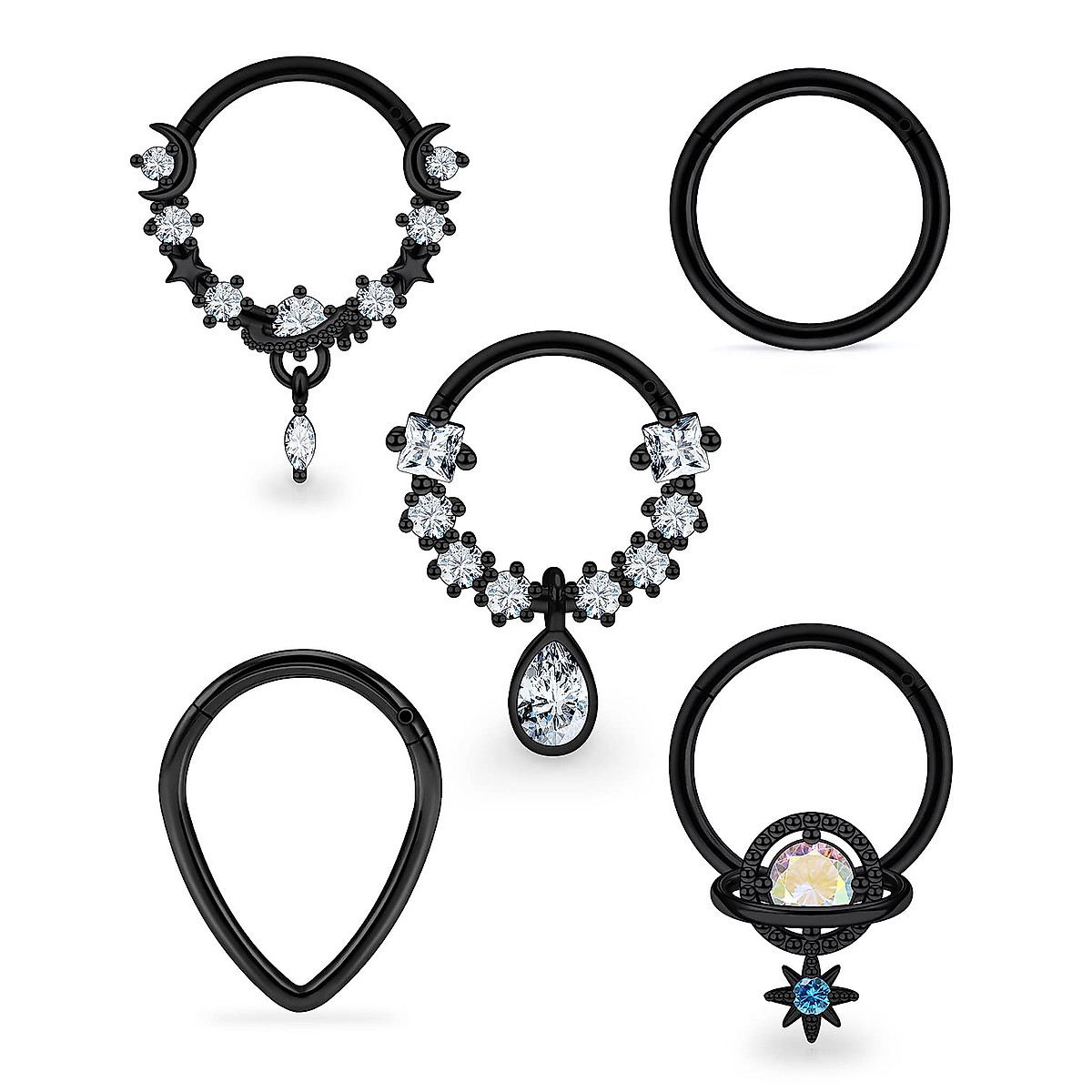 Vsnnsns 16G Septum Rings Piercing Jewelry Septum Jewelry CZ Clicker Ring Stainless Steel Septum Hinged Segment Nose Rings Hoop Piercing Jewelry for Men Women 10mm 5pcs Black