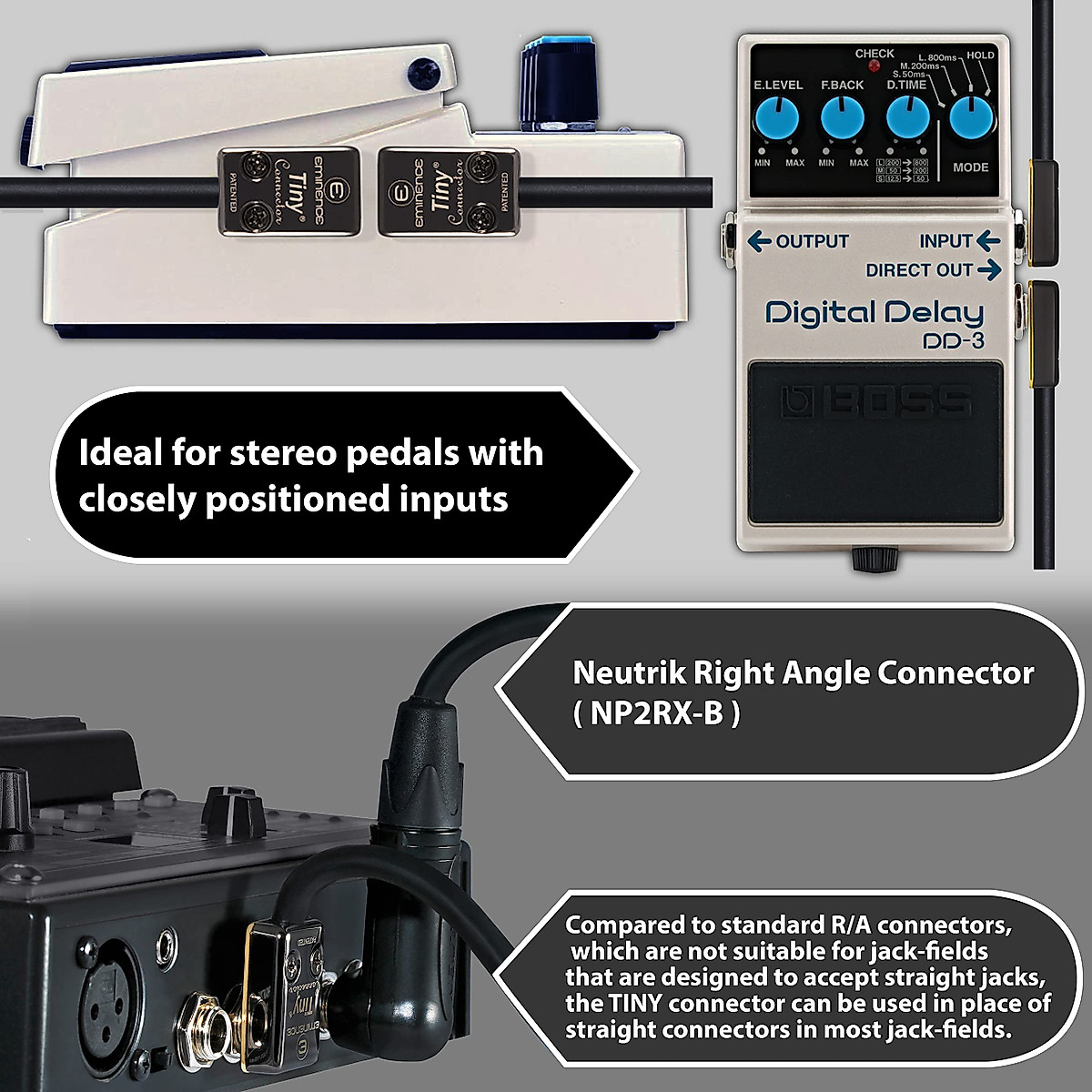 WORLDS BEST CABLES 4 Units - 6 Inch - Pedal, Effects, Patch, Instrument Cable Custom Made Using Mogami 2319 Wire & Eminence Tiny Gold-Plated Angled TS Connectors