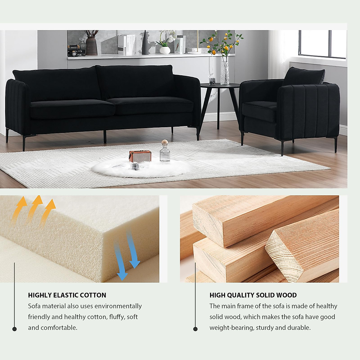 85 Inch Velvet Sofa, Mid Century Modern Comfy Upholstered Sofa Couch with Metal Legs 3 Seater Sofa High-Density Foam and 6.3 Inch Extra Thick Cushion Couch for Living Room Apartment（Black）