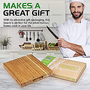 Timberr Bamboo Cutting Board - Large Wood Cutting Board with Handles and Grooves - 1 Inch Thick Wooden Chopping Block for Meat, Vegetables, and Cheeses - Makes an Excellent Serving Tray for Parties