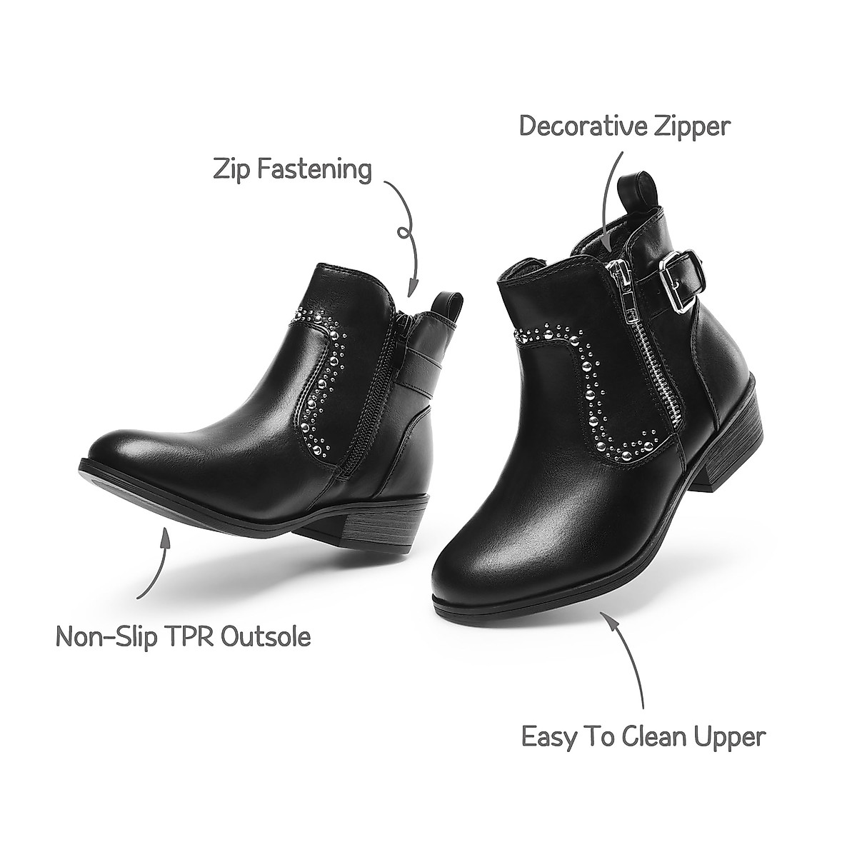 DREAM PAIRS Girls Boots Low Heel Side Zipper Ankle Booties Little Kid/Big Kid,Size 2 Little Kid,Black,SDBO2303K