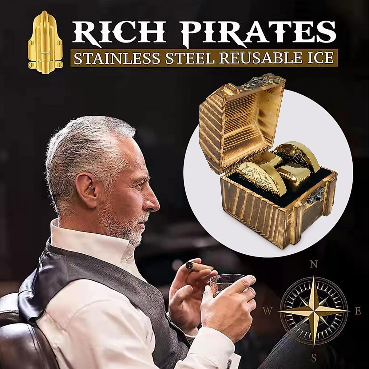 New Pirate Themed Gold Whiskey Coin and Cube Set, Stainless Steel Whiskey Chilling Stones | 4pc Set with Wooden Chest | Whiskey Gift for Men, Dad, Husband, Boyfriend